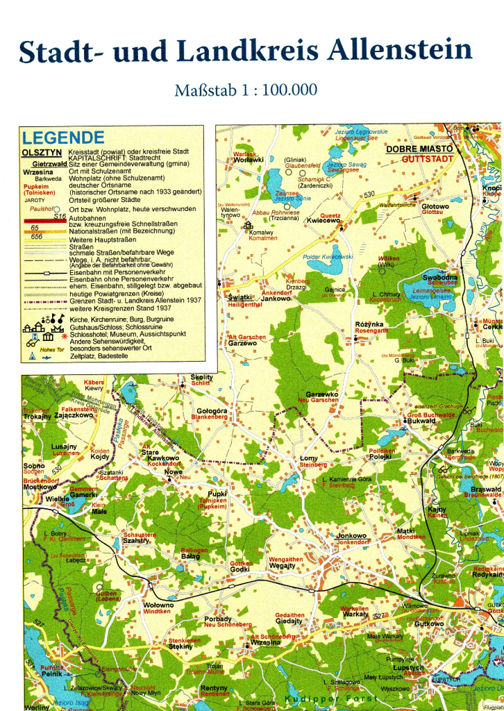 Landkarte der Stadt und des Landkreises Allenstein mit polnische und ...