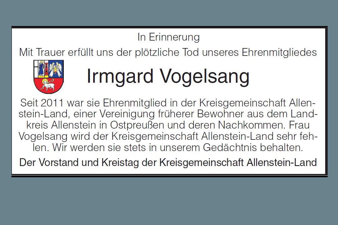 Wir nehmen Abschied von Irmgard Vogelsang (1946-2019) - Kreisgemeinschaft Allenstein e. V.